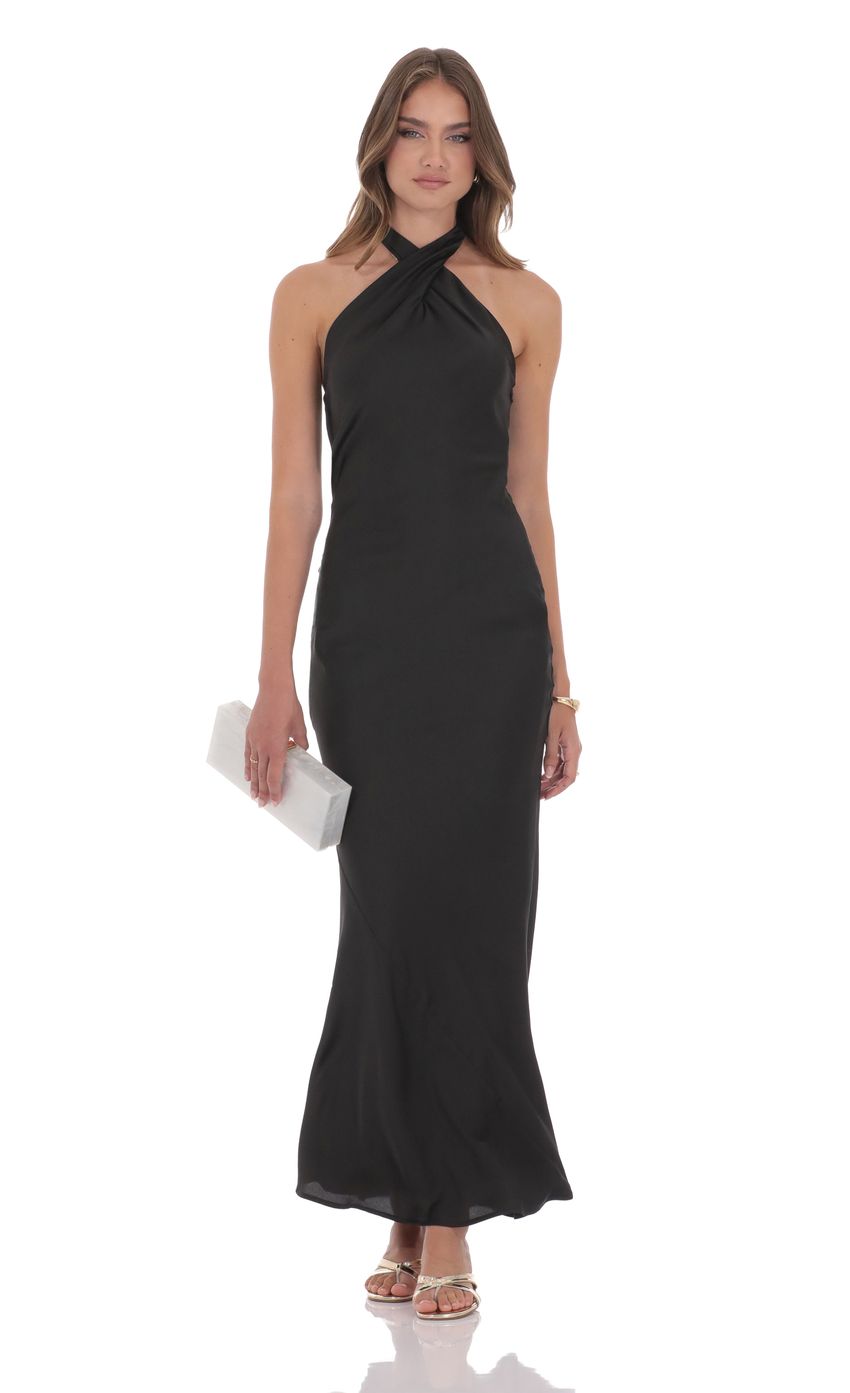 Minimalist Halter Twist-Neck Satin Evening Dress with Open Back & Floo ...