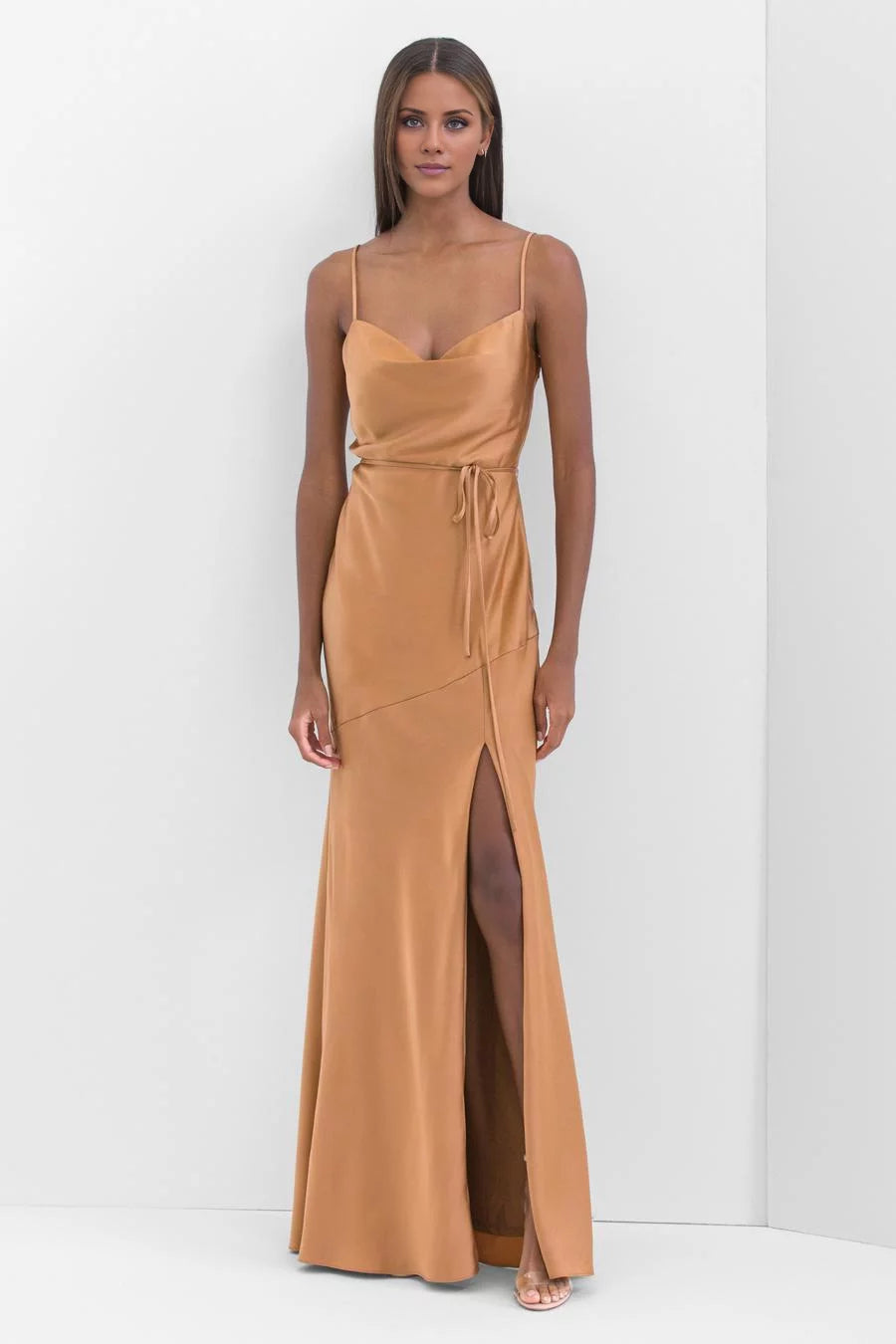 Modern Cowl Neck Sleeveless Satin Spaghetti Strap Side-Slit Floor-Leng ...